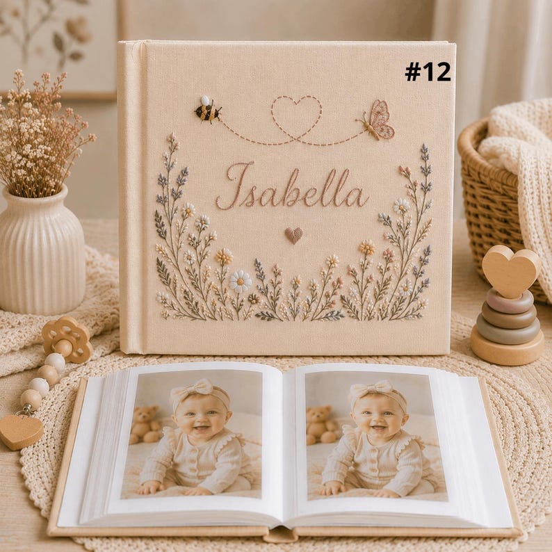 Hand Embroidered Baby Photo Album, Personalized Floral Memory Book ...