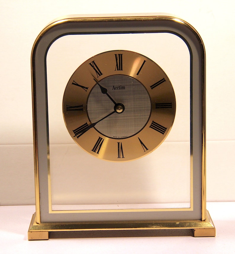 Vintage Acctim Arched Quartz Desk Table Clock Brass Gold Tone Floating ...