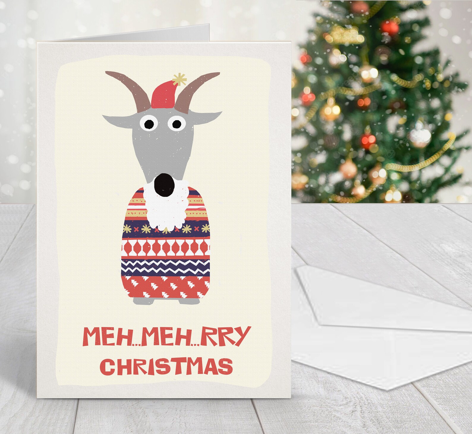 Christmas Card, Goat Christmas Card, Animal Christmas Card, Merry ...