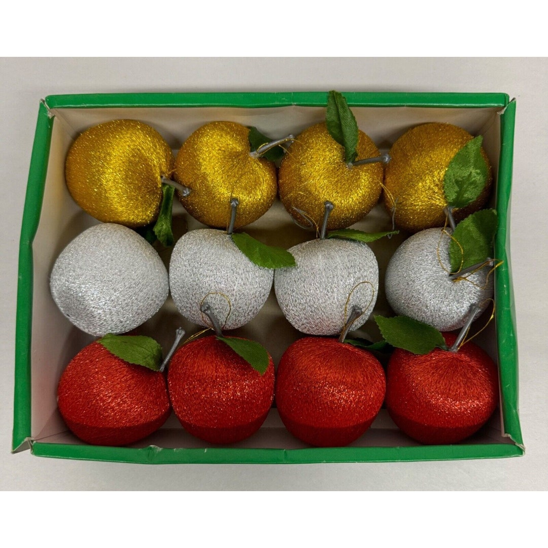 Vtg Apple Christmas Ornaments Mesh Metallic Thread Covered Fruit Lot of ...