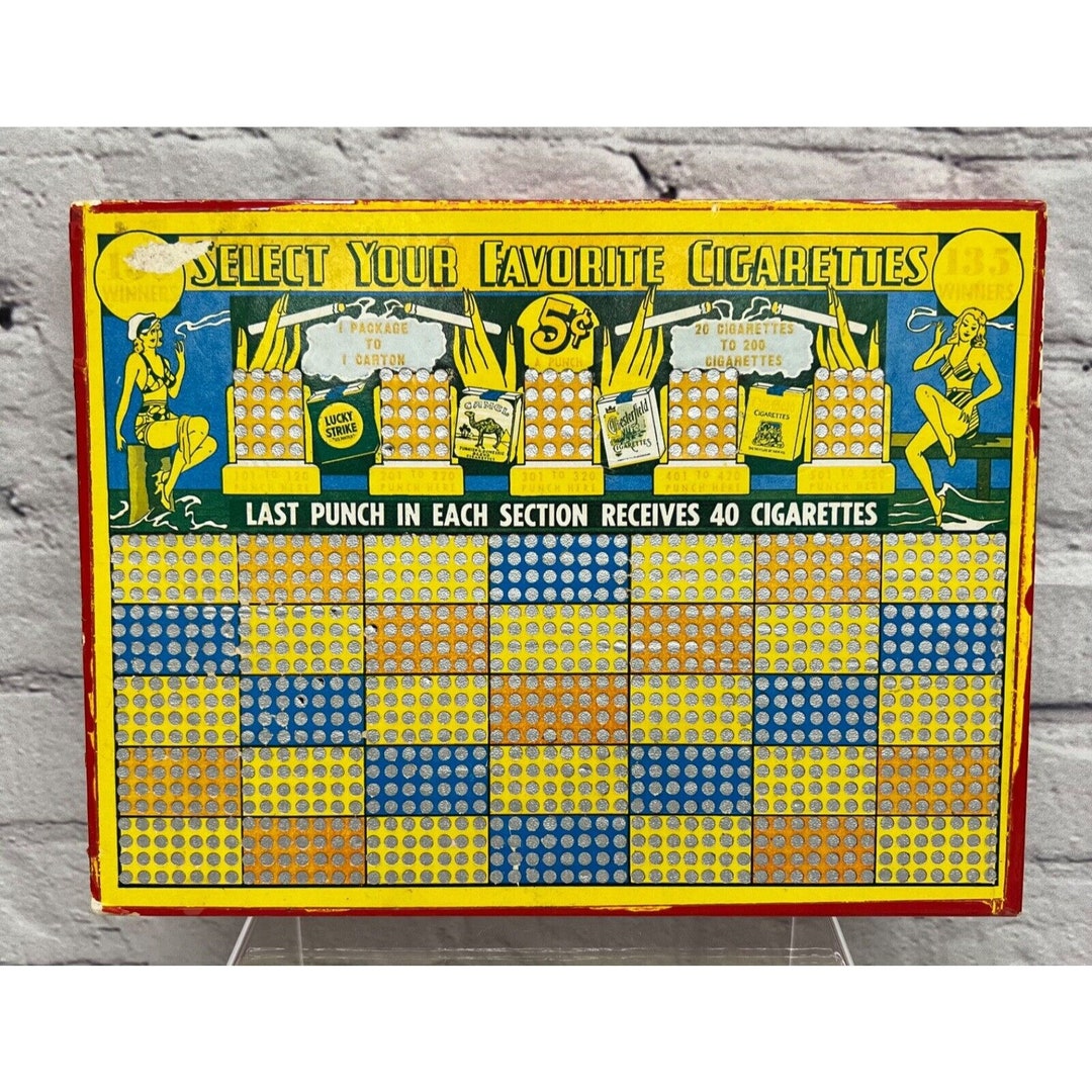 Vtg Nickel Cigarette Punch Board Game Unpunched W/key Lucky Strike ...
