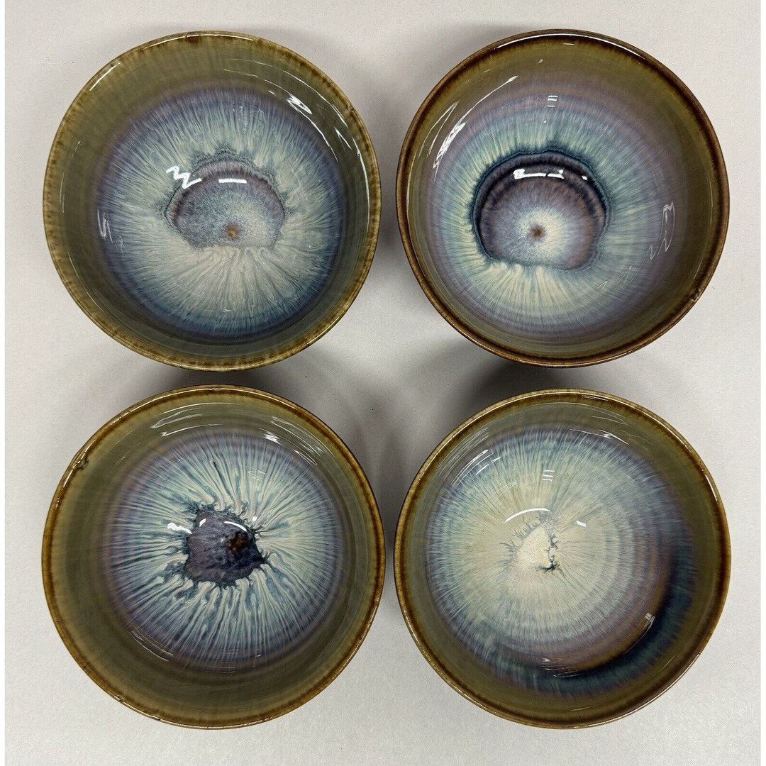 Bill Campbell Pottery Drip Glaze Flambeaux Cereal Chili Bowls Blue Set ...