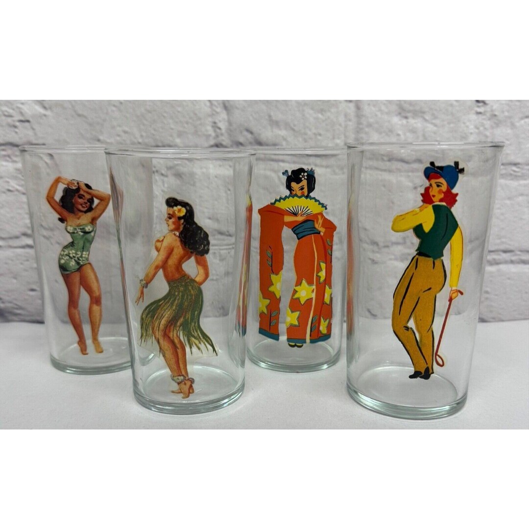 Vintage Pinup Girl Peek-a-boo Nude Risque Novelty Drinking Glasses Set ...
