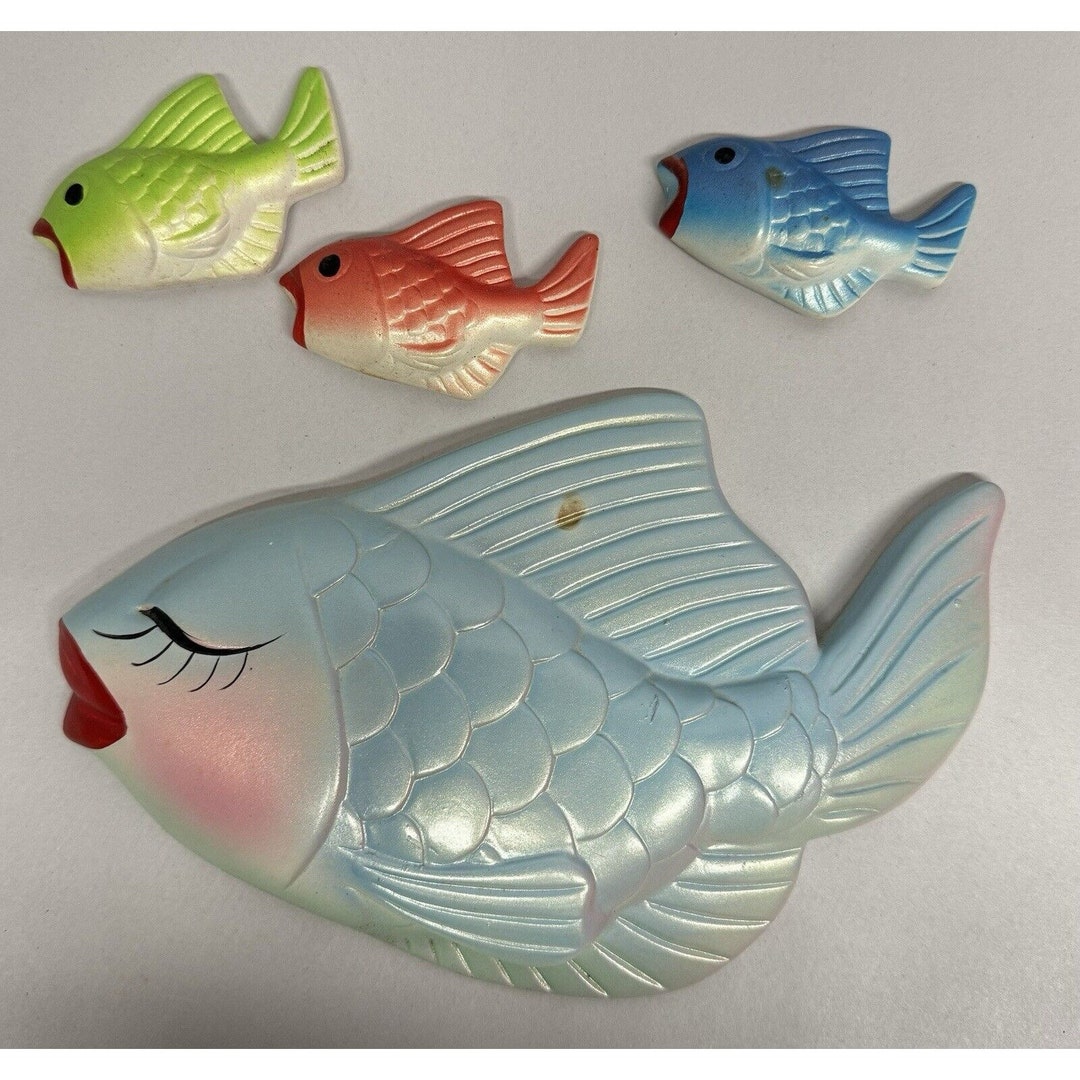 Vtg Chalk Ware Fish Wall Plaques Pearlized 4pcs Kitschy Bathroom Miller ...