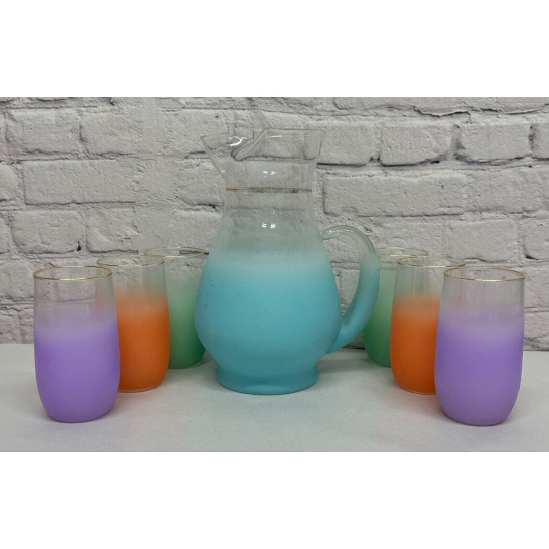 Vtg Blendo Frosted Pitcher & Glasses 7 Pc Set Rainbow MCM Barware - Etsy