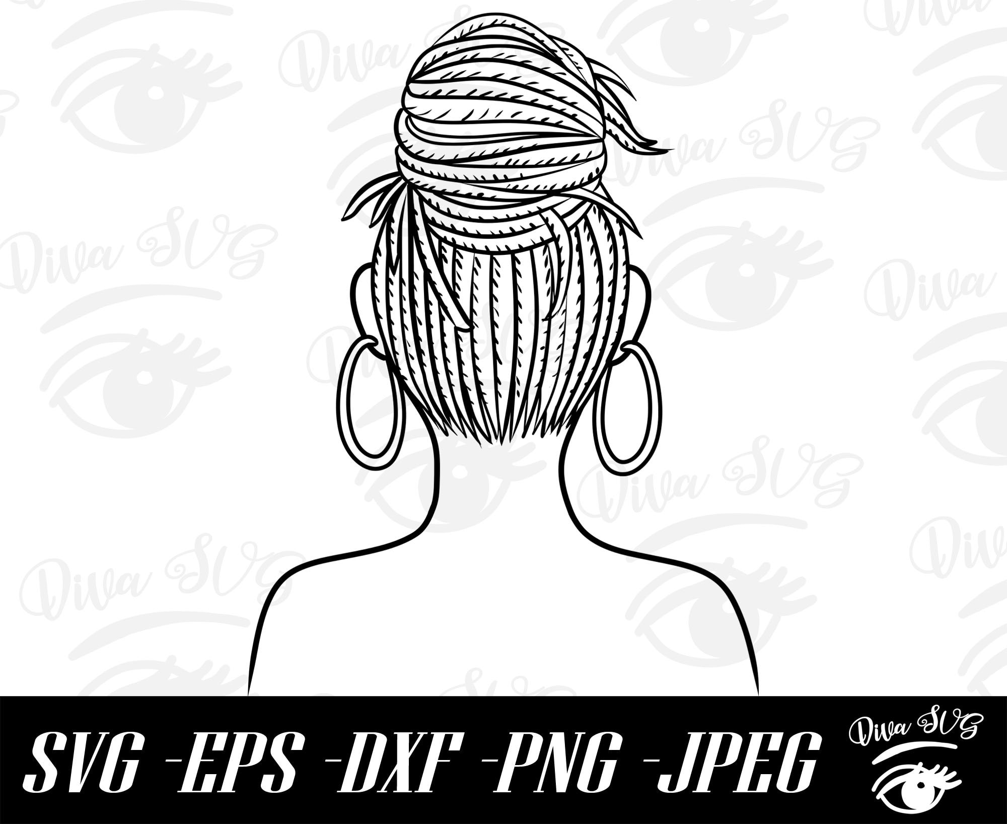 Black Woman Loc Hair SVG, Back Facing SVG, Loc Bun Png, Black Woman ...