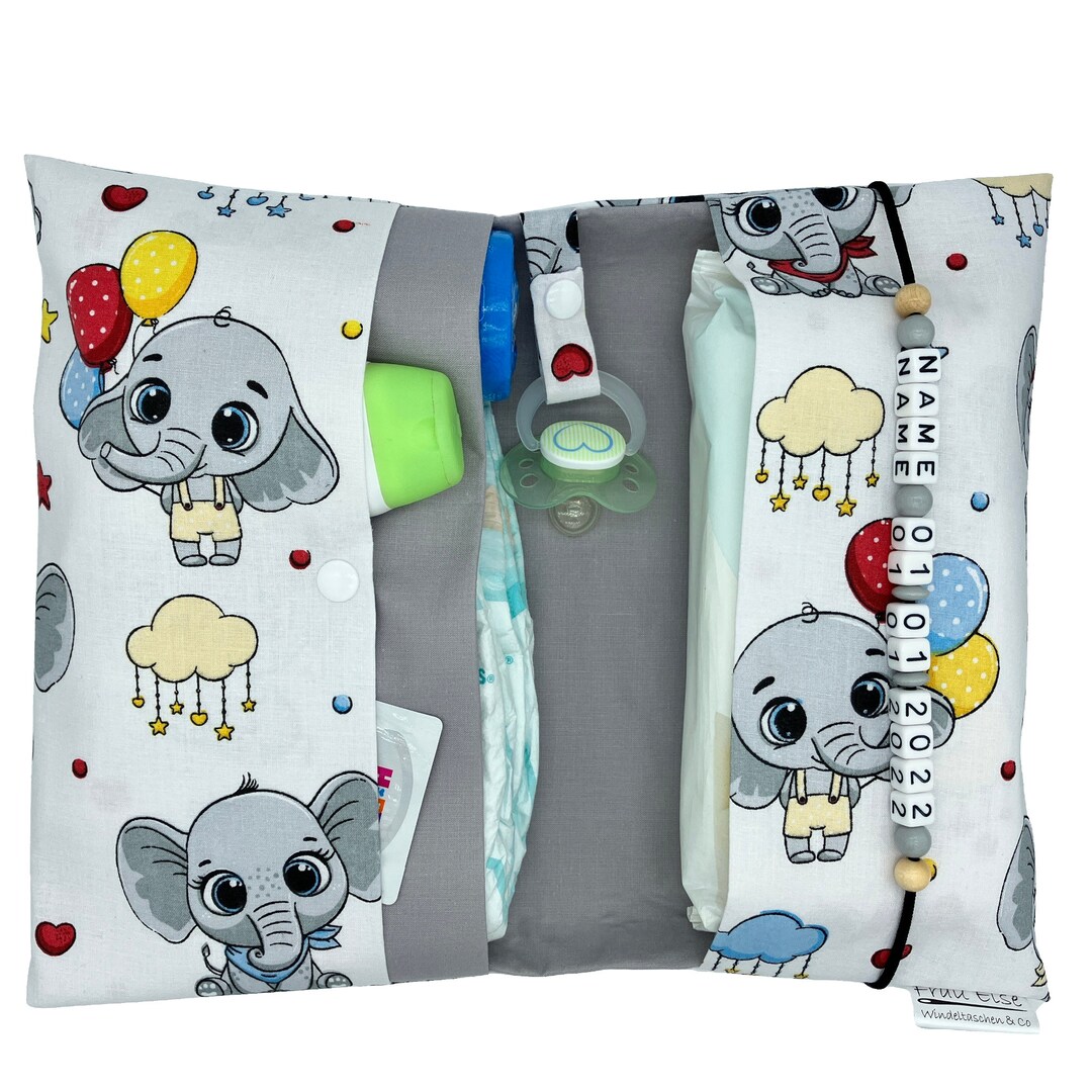 Diaper Bag to Go Name Diaper Bag XXL Twins Elephants Pacifier Chain ...