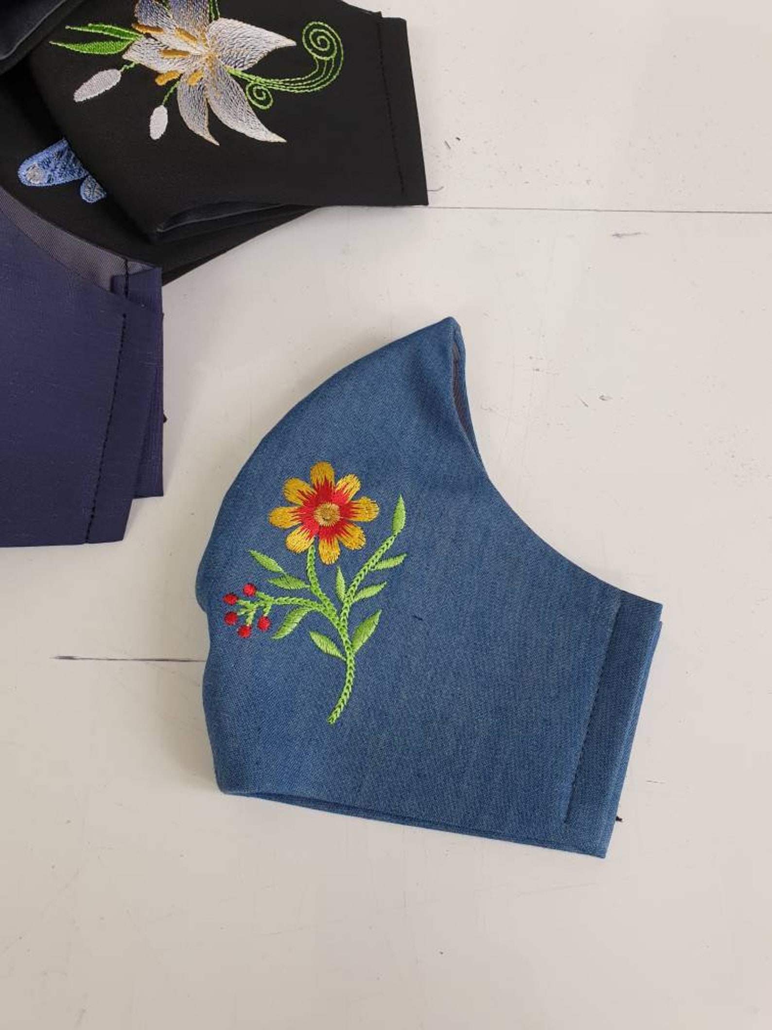 Custom Made Face Mask Floral Embroidered 100% C0tton - Etsy