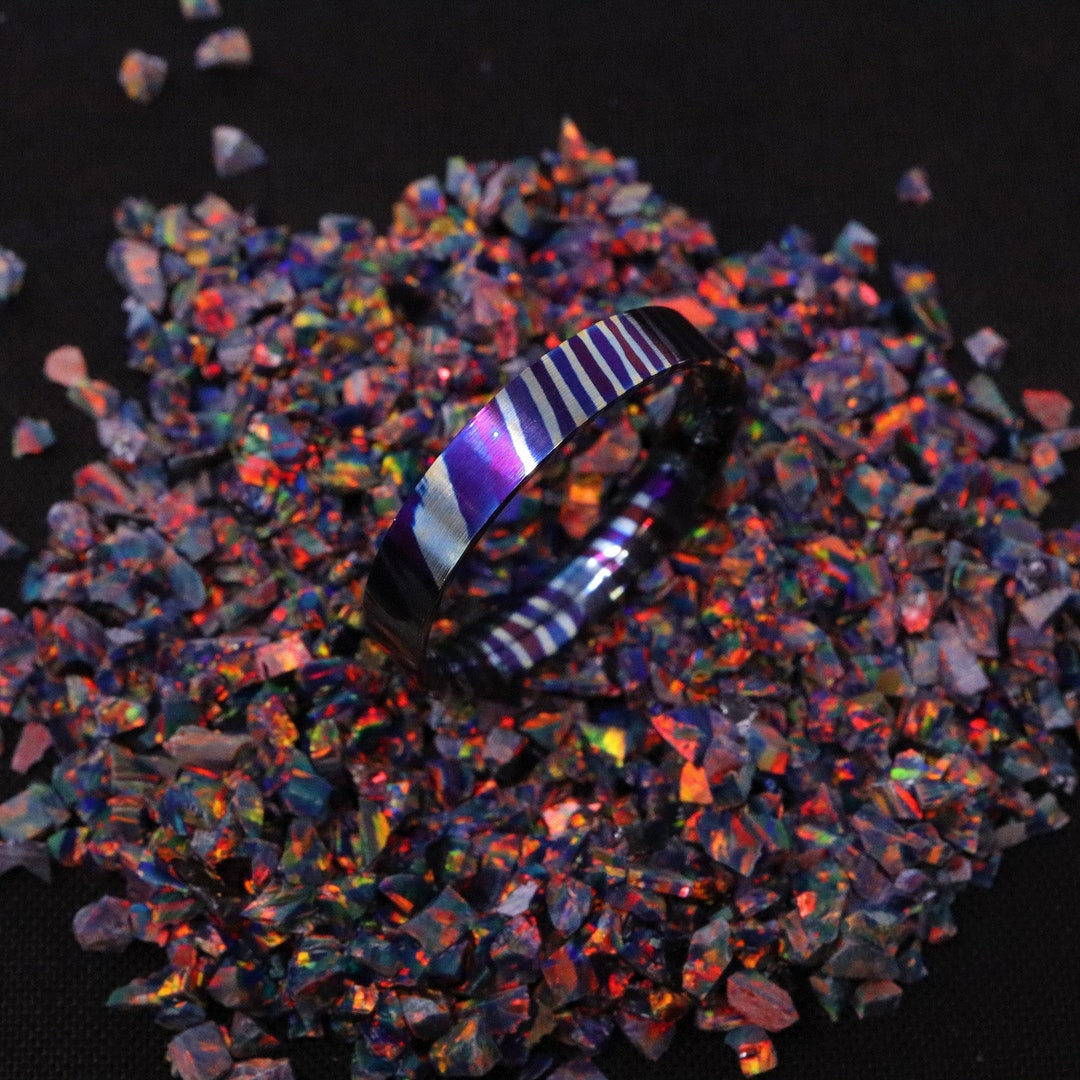 Heat Treated Titanium Damascus Ring Blank, 4mm Wide One Piece Ring ...