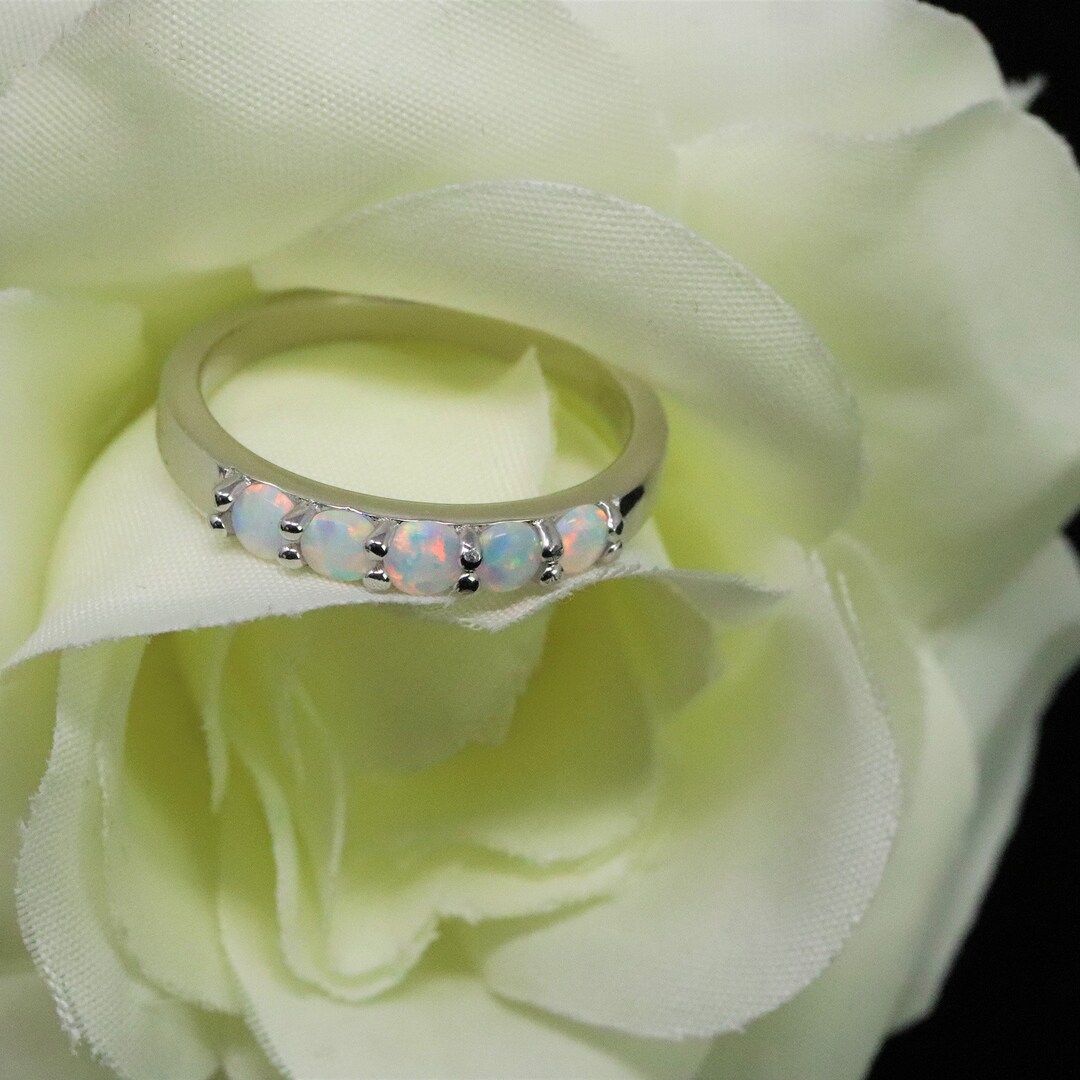Pearl White Opal Ring, 925 Sterling Silver Ring, 5 Stone Round Cut ...