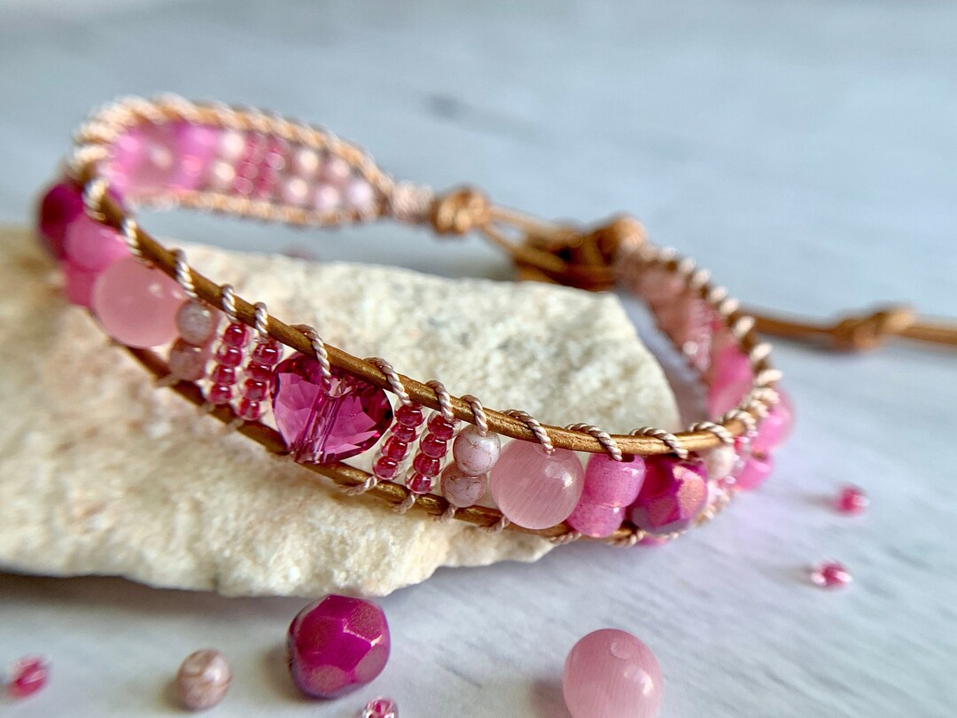 Girls Pink Beaded Bracelet, Pink Heart Bracelet, Beaded Leather Wrap ...