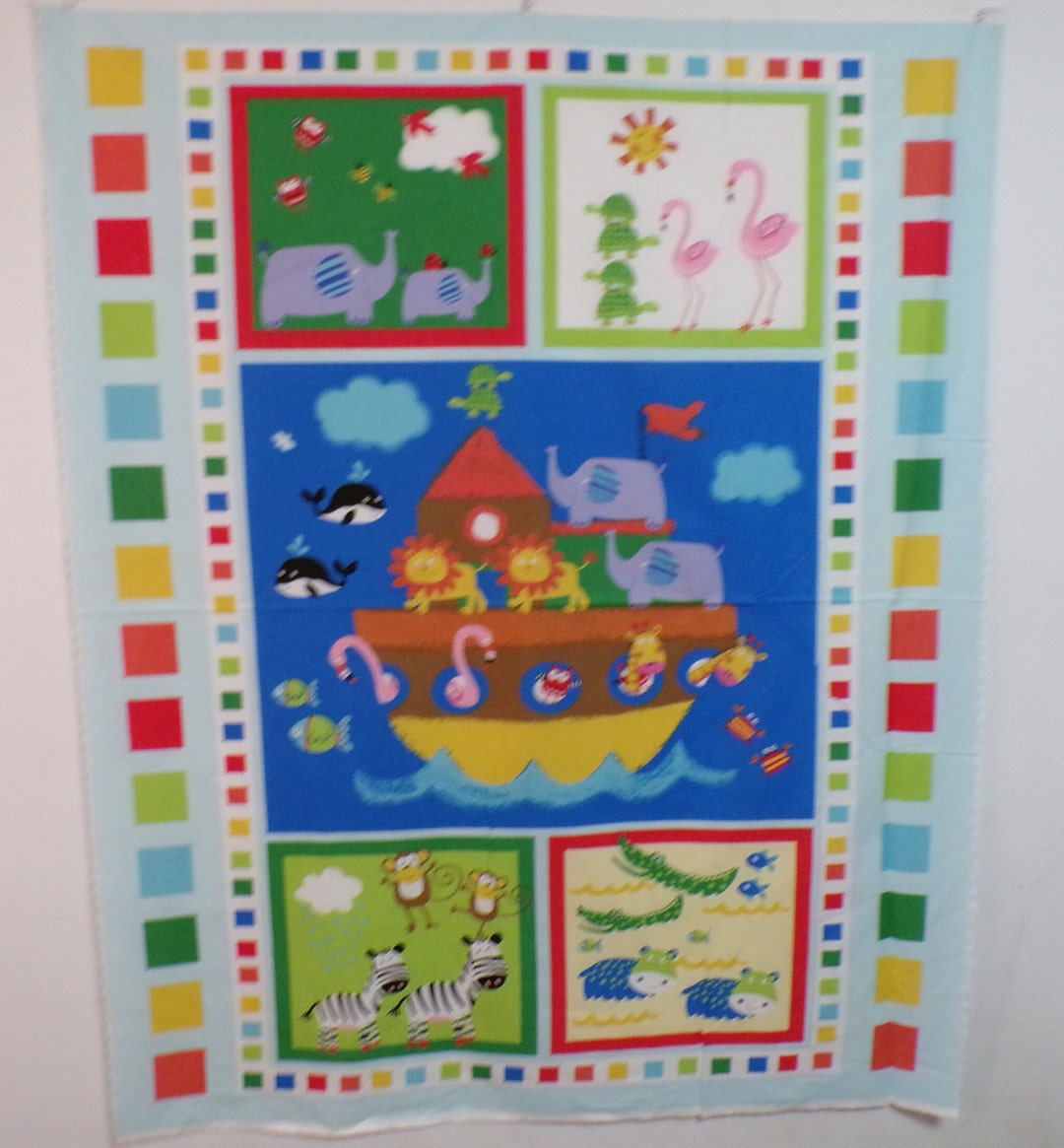Noah's Ark Baby Quilt Top Panel Animal Baby Panel Cotton Fabric Panel ...