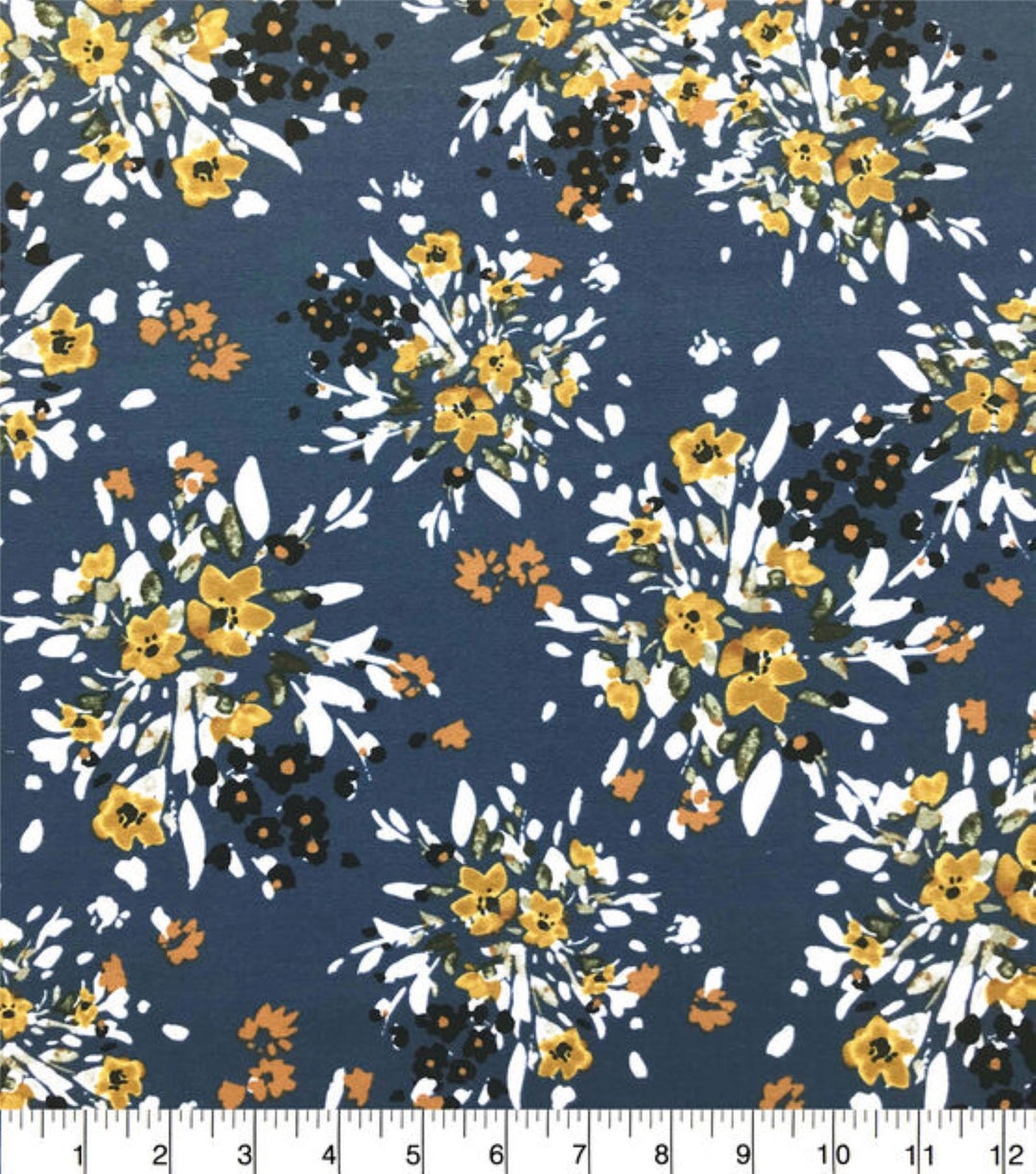 Double Brushed Knit Fabric, Dusty Blue Abstract Floral Knit Fabric ...