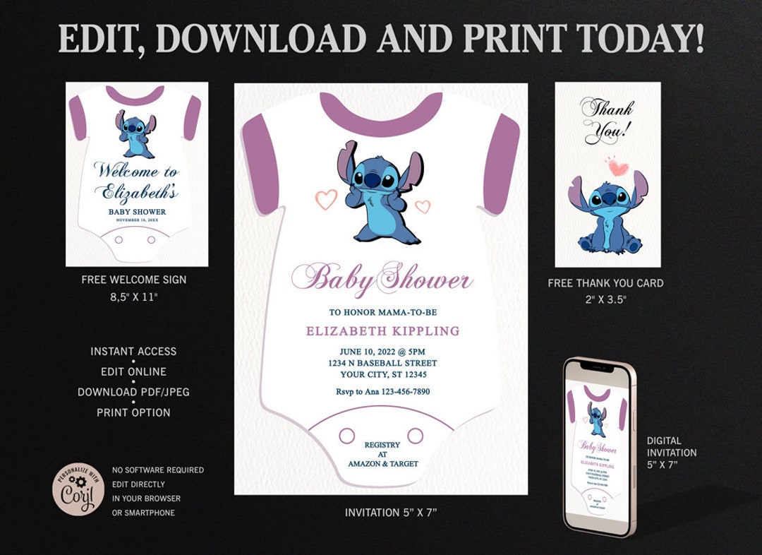 Stitch Baby Shower Invitation, Baby Shower Invitation Template, Girls ...