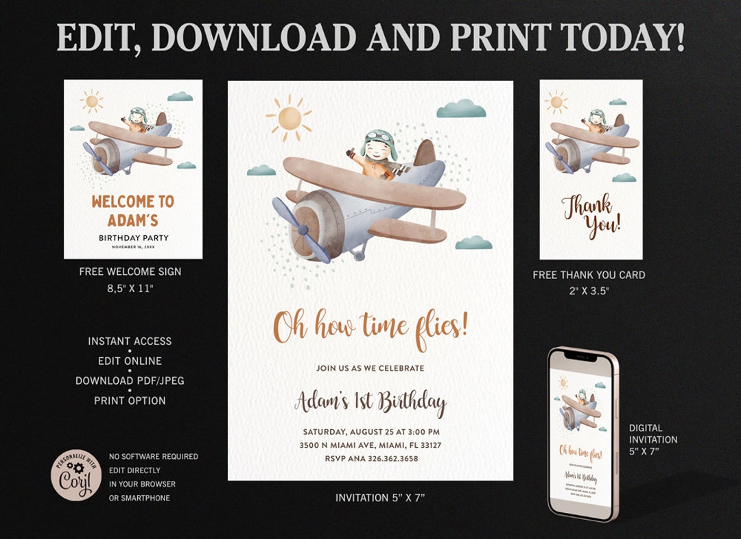 Airplane Birthday Invitation, Flying Birthday, Boy Birthday Invite ...