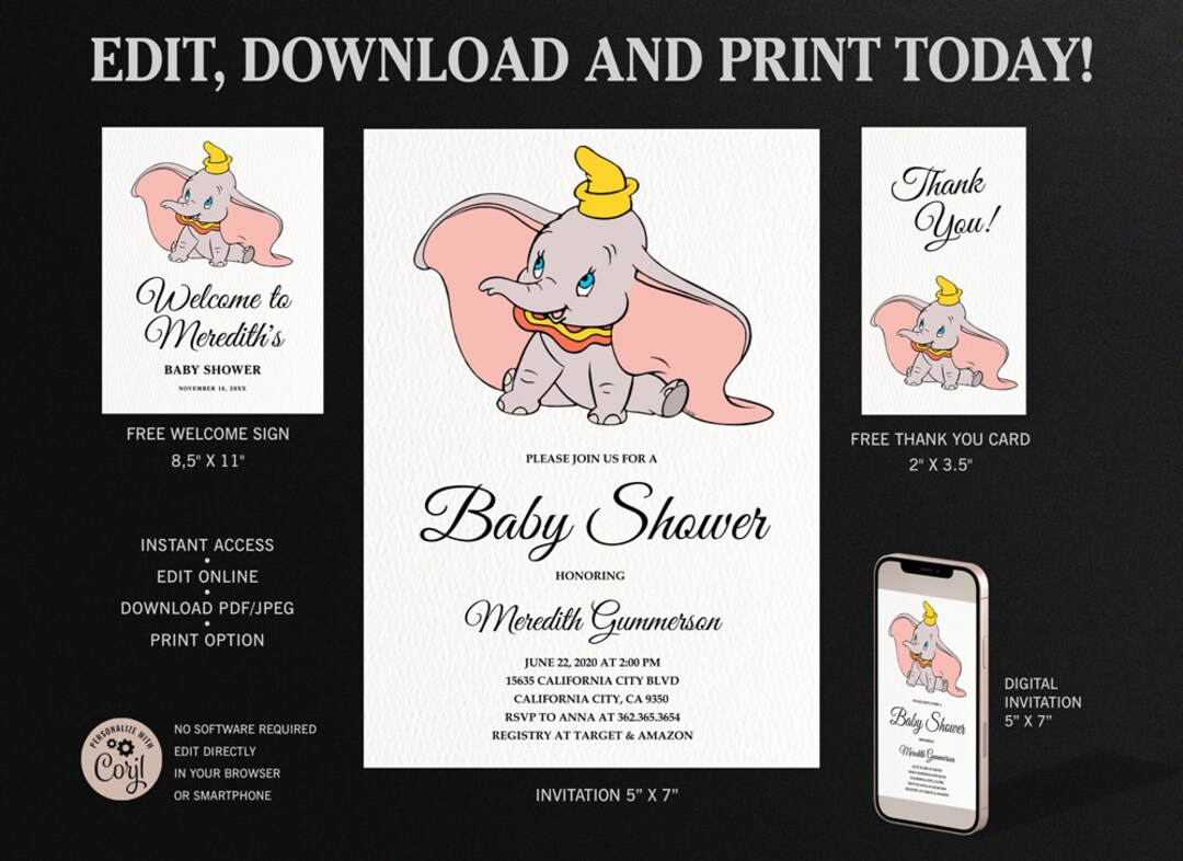 Dumbo Baby Shower Invitation, Dumbo Thank You Card, Dumbo Welcome Sign ...