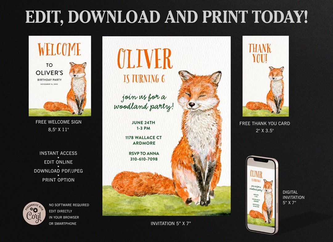 Woodland Fox Birthday Invitation, Woodland Themed Party, Woodland Fox ...