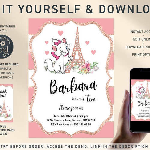 Marie the Cat Birthday Invitation Marie Aristocats - Etsy