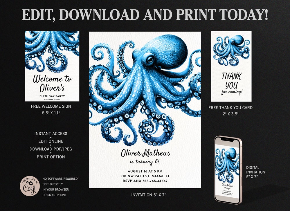 Octopus Birthday Invitation, Under Sea Boy Birthday Party Template ...