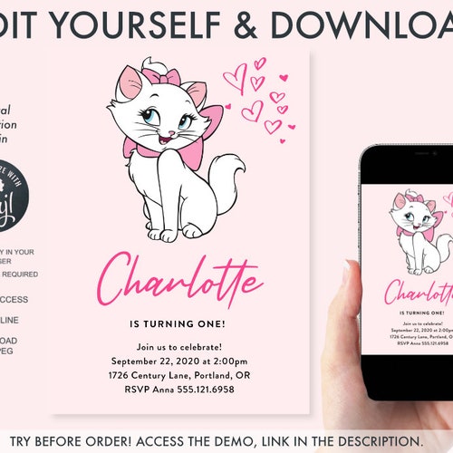 Marie the Cat Birthday Invitation Marie Aristocats - Etsy