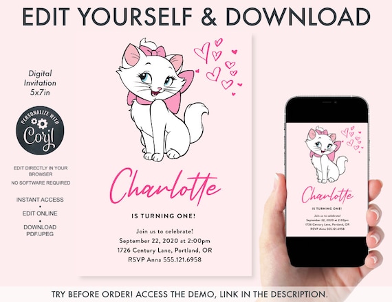 Marie the Cat Birthday Invitation Marie Aristocats - Etsy