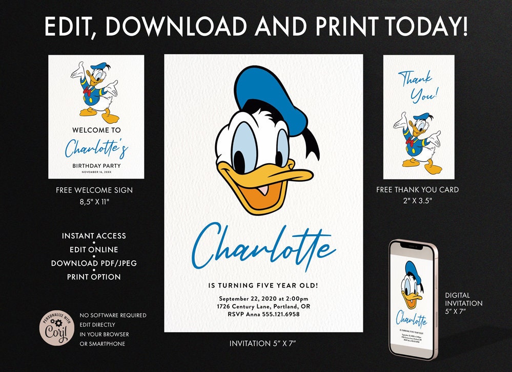 Donald Duck Birthday Invitation, Duck Donald Party Invitation, Donald ...