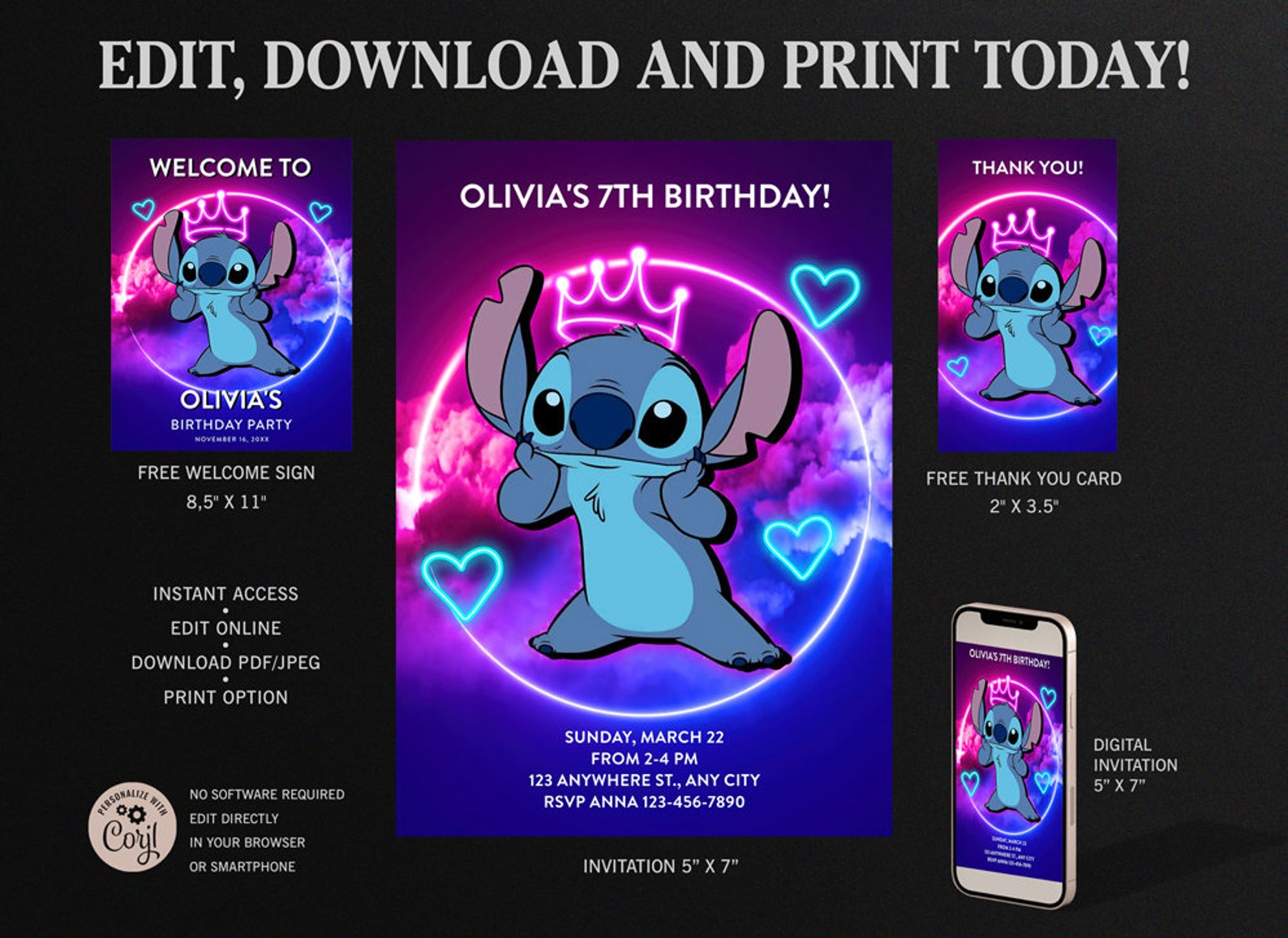 Stitch Neon Glow Birthday Invitation Neon Glow in Dark Party - Etsy