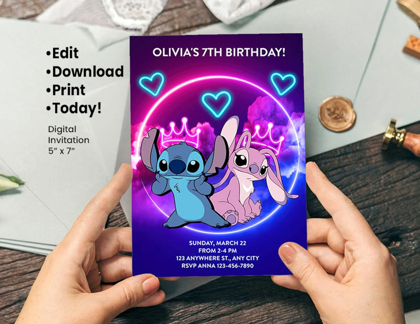 Stitch and Angel Neon Glow Birthday Invitation, Neon Glow in Dark Party ...