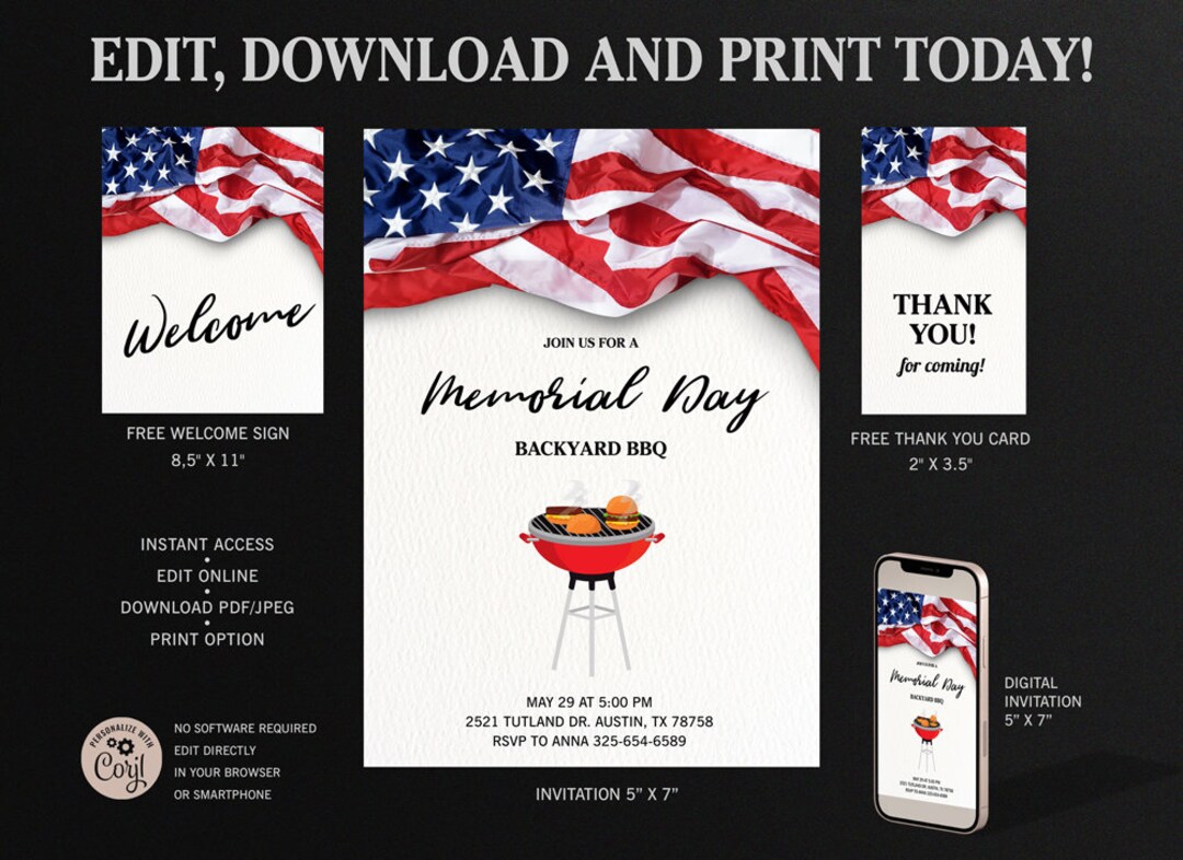 Memorial Day BBQ Party Invitation, Memorial Day Editable Invitation ...