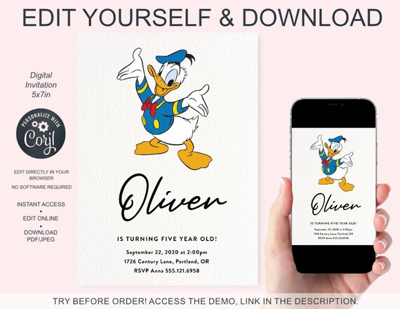 Donald Duck Birthday Invitation Donald Duck Cartoon - Etsy