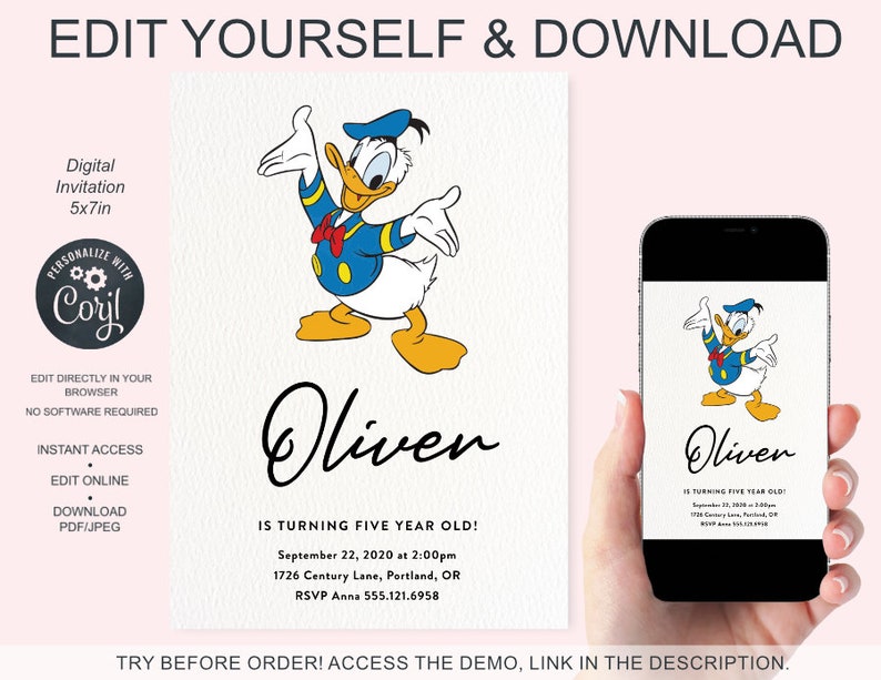 Donald Duck Birthday Invitation Donald Duck Cartoon - Etsy