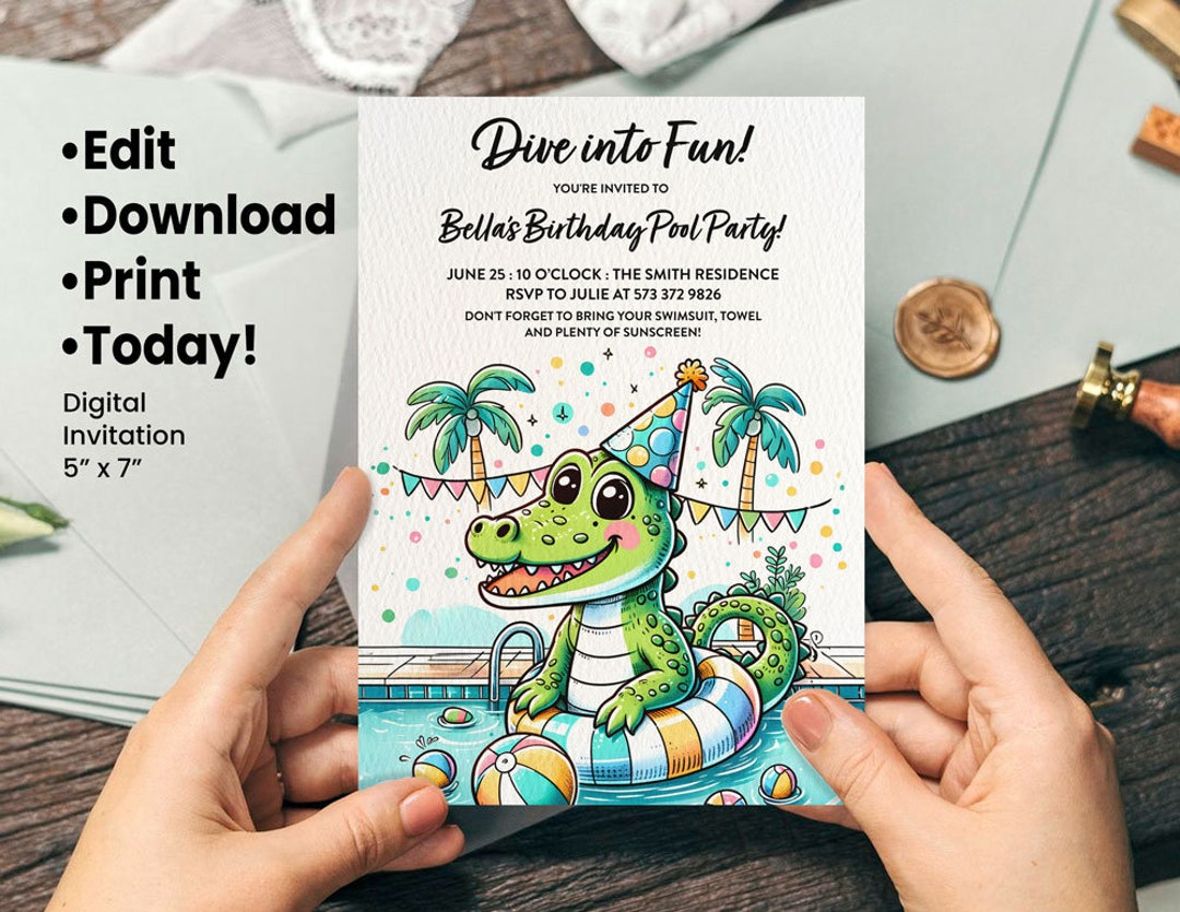 Alligator Pool Party Birthday Invitation - Etsy
