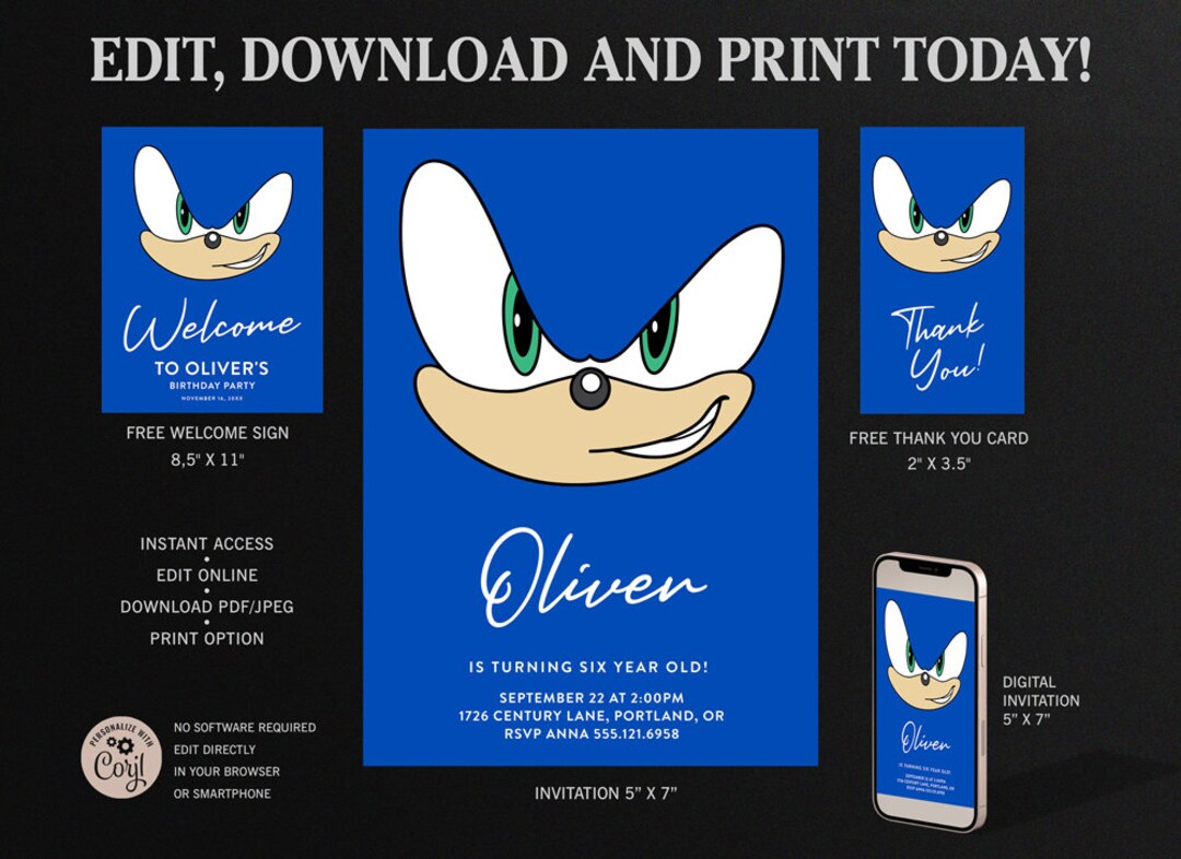 Sonic Birthday Party Invitation, Sonic the Hedgehog Invitation, Sonic ...