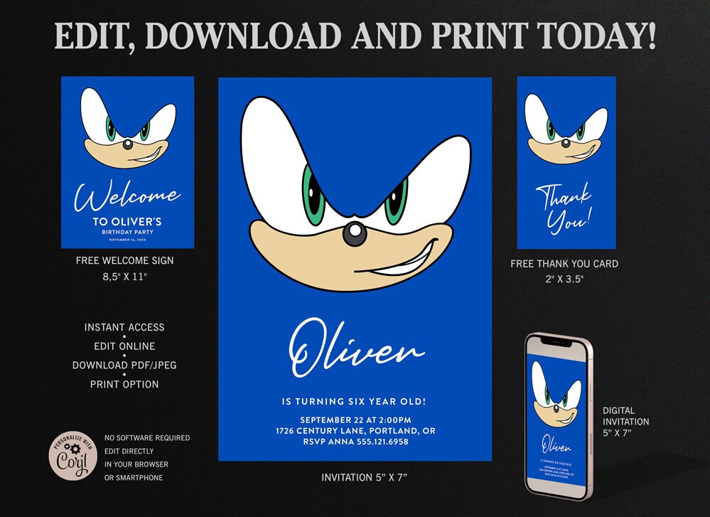 Sonic Birthday Party Invitation, Sonic the Hedgehog Invitation, Sonic ...