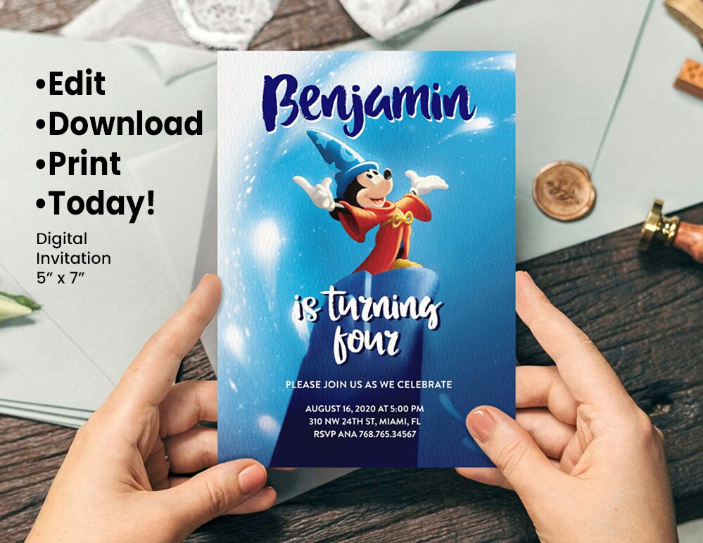 Mickey the Sorcerers Apprentice Birthday Invitation, Wizard Mickey ...