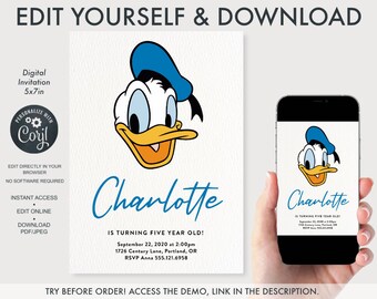Donald Duck Birthday Invitation Donald Duck Cartoon - Etsy