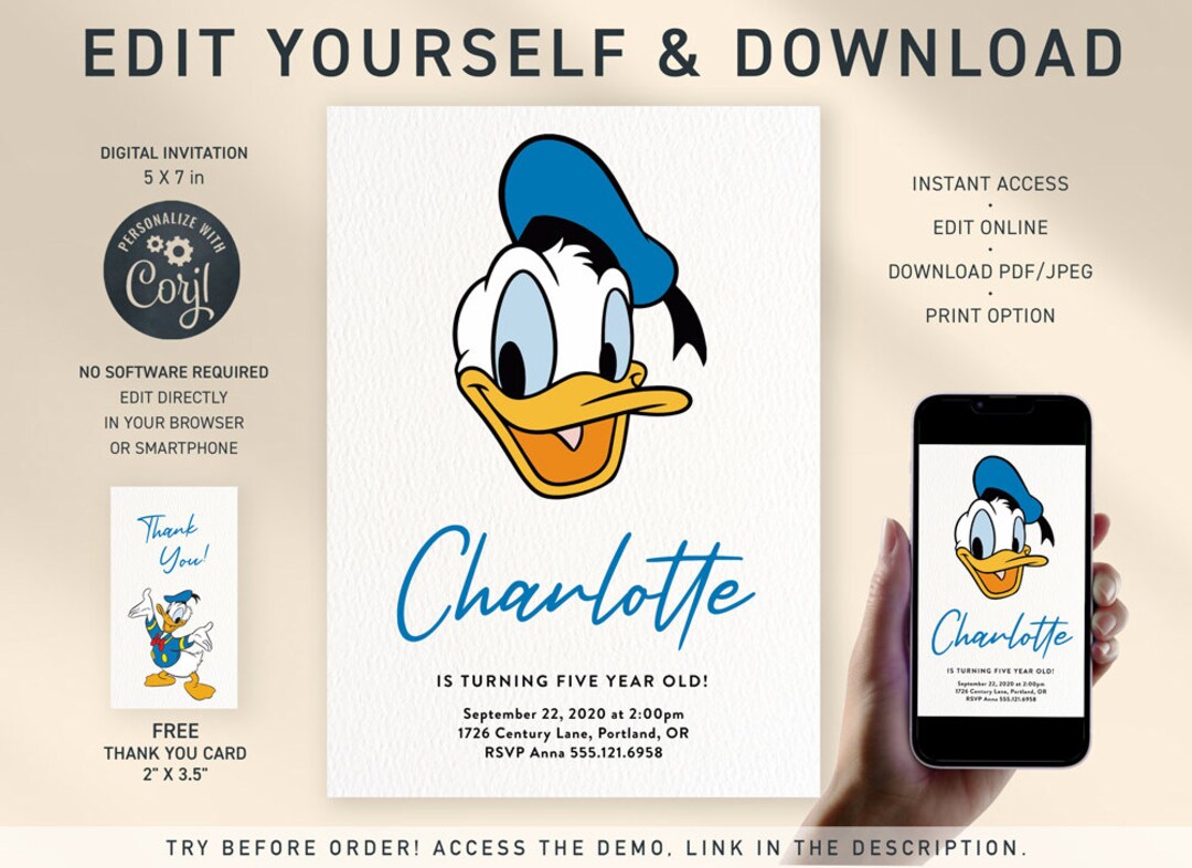Donald Duck Birthday Invitation Duck Donald Paty Invitation - Etsy