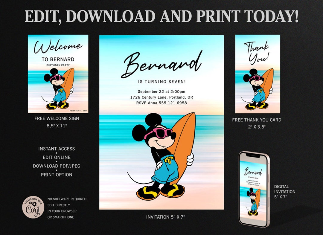 Mickey Mouse Surf Birthday Invitation, Surf Invitation, Editable Surf ...