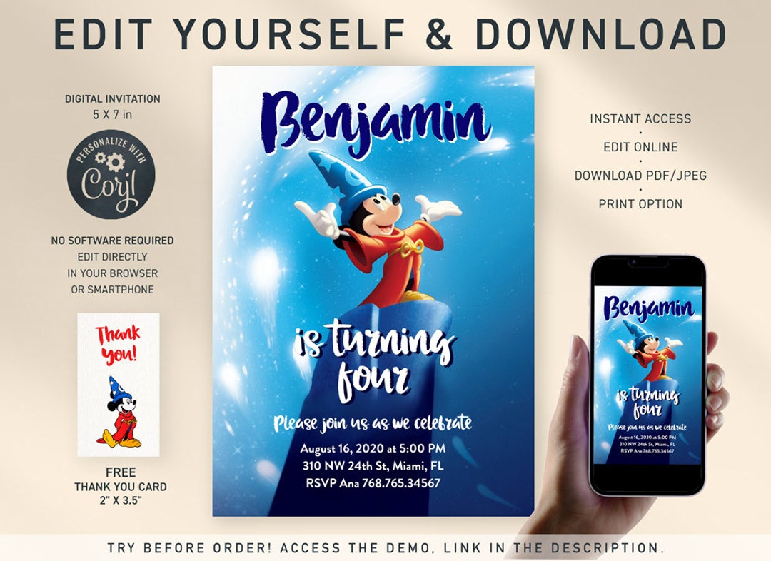 Mickey the Sorcerers Apprentice Birthday Invitation Wizard - Etsy