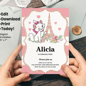Marie the Cat Birthday Invitation, Marie Aristocats Invitation, Marie ...