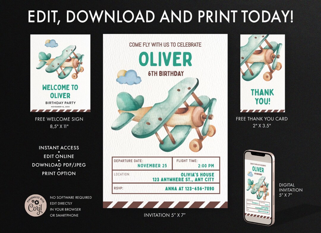 Flying Birthday Party Invitation, Airplane Birthday Invitation, Flying ...