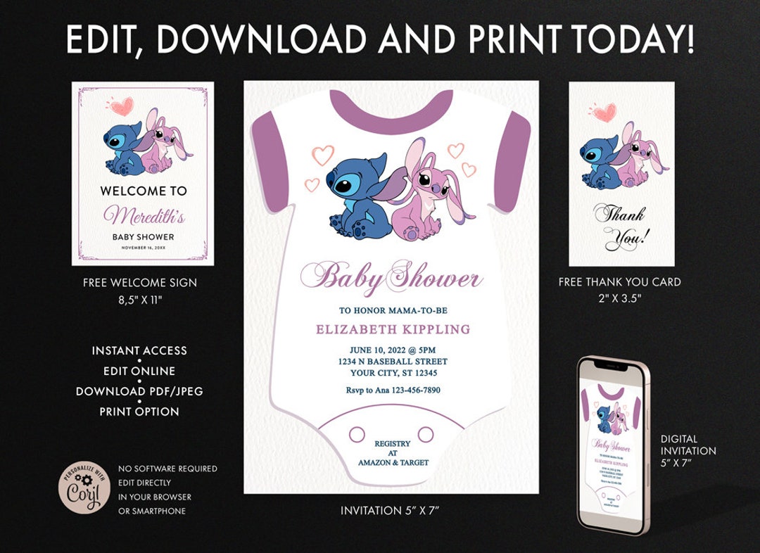 Invitación de baby shower de Angel Stitch, invitación de niña de Stitch ...