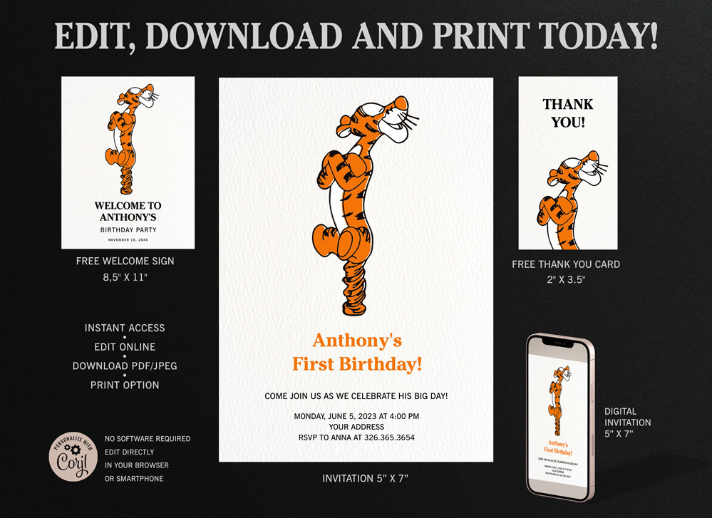 Tigger 1st Birthday Invitation, Boy Birthday Party Invite, Winnie the ...