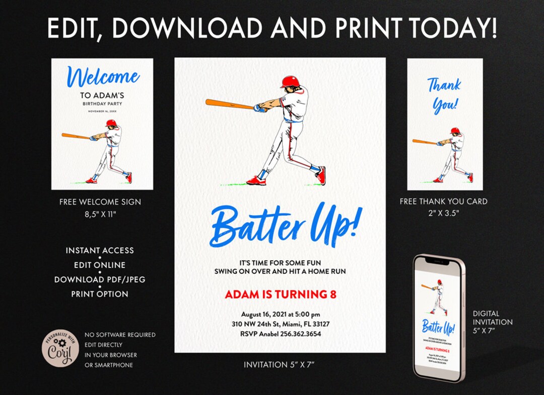 Baseball Birthday Invitation, Batter up Party Invite, Baseball Thank ...