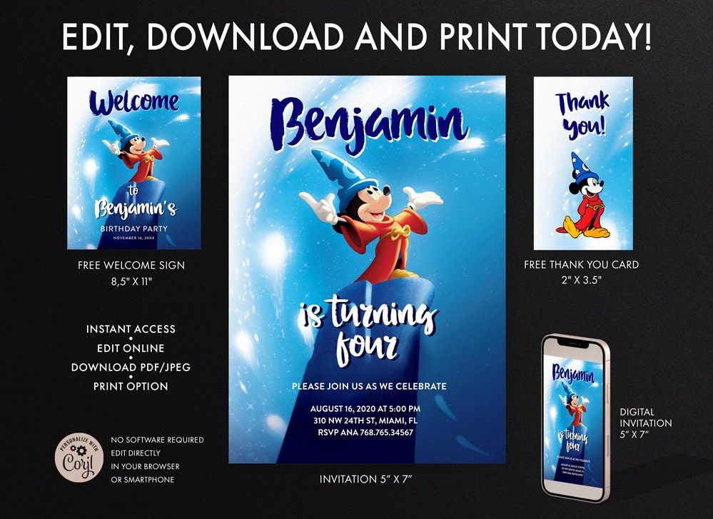 Mickey the Sorcerers Apprentice Birthday Invitation, Wizard Mickey ...