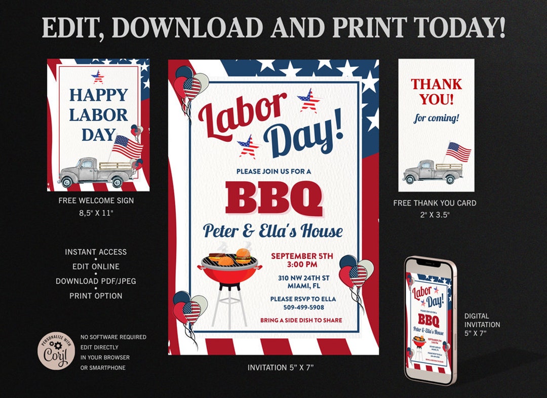 Labor Day BBQ Party Invitation, Labor Day Editable Invitation Template ...