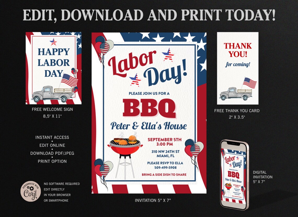 Labor Day BBQ Party Invitation, Labor Day Editable Invitation Template ...