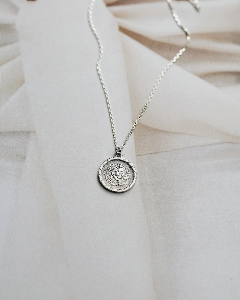 Lion Coin Necklace Solid 925 Sterling Silver Minimalist - Etsy