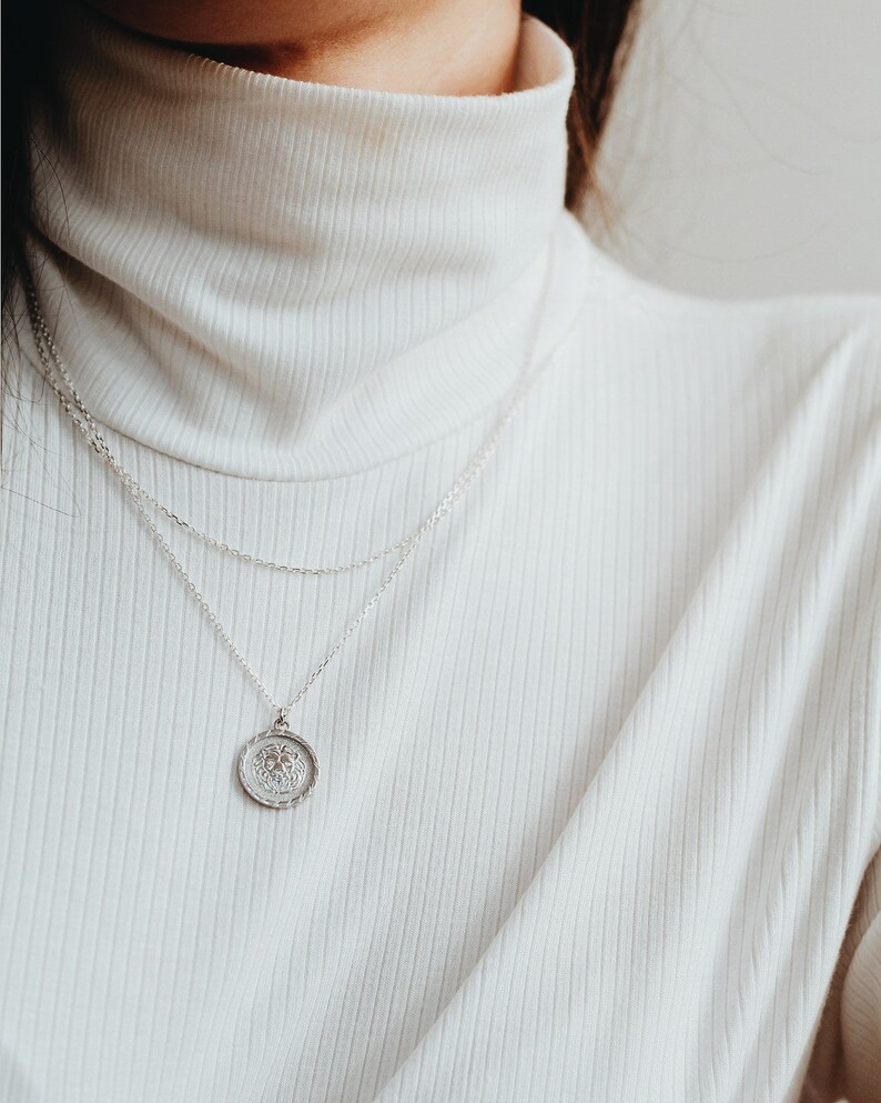 Lion Coin Necklace Solid 925 Sterling Silver Minimalist - Etsy