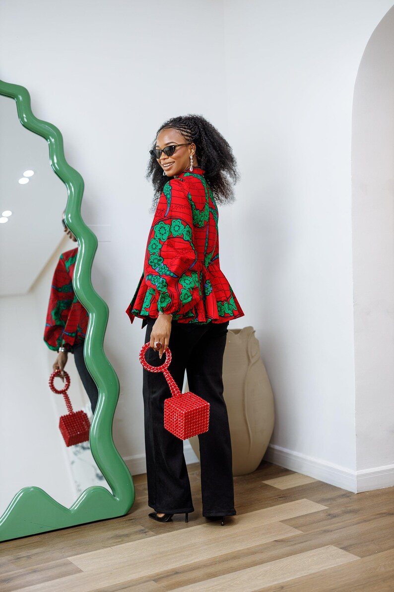 BIBI AFRICAN PRINT Tie Neck Peplum Top [red] - Etsy